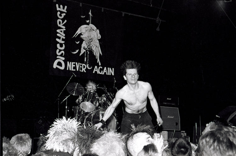 Cal Morris of Discharge at the ZigZag Club London 1982